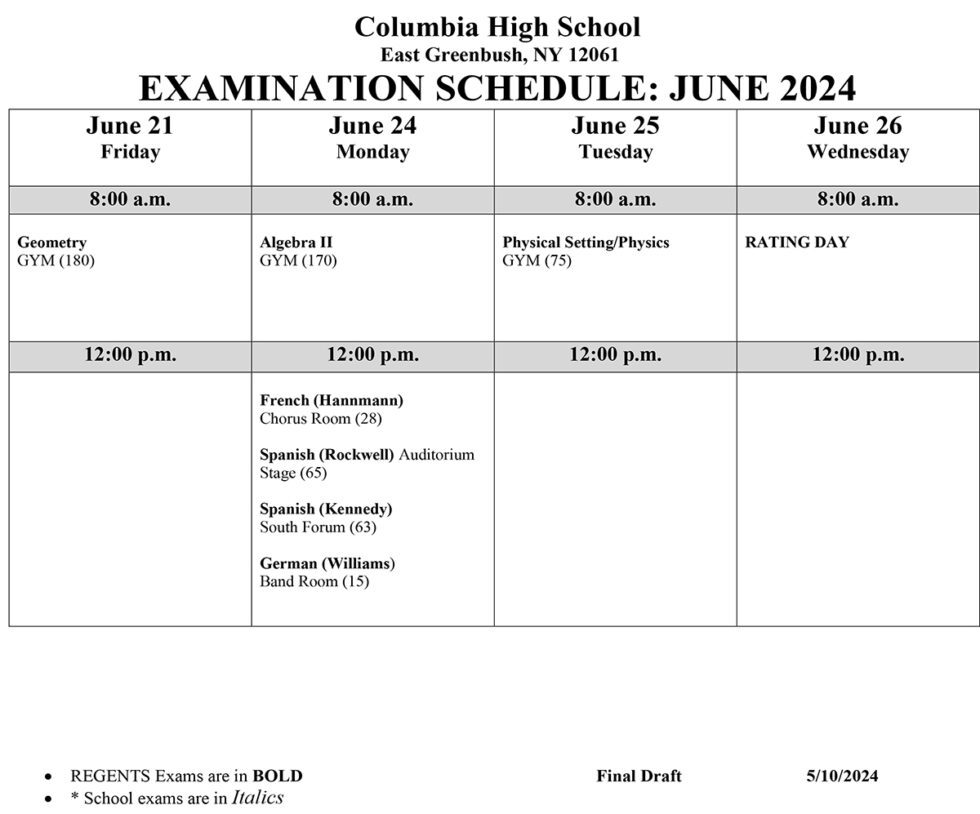 Columbia Regents Exam Schedule – June 2024 | East Greenbush CSD