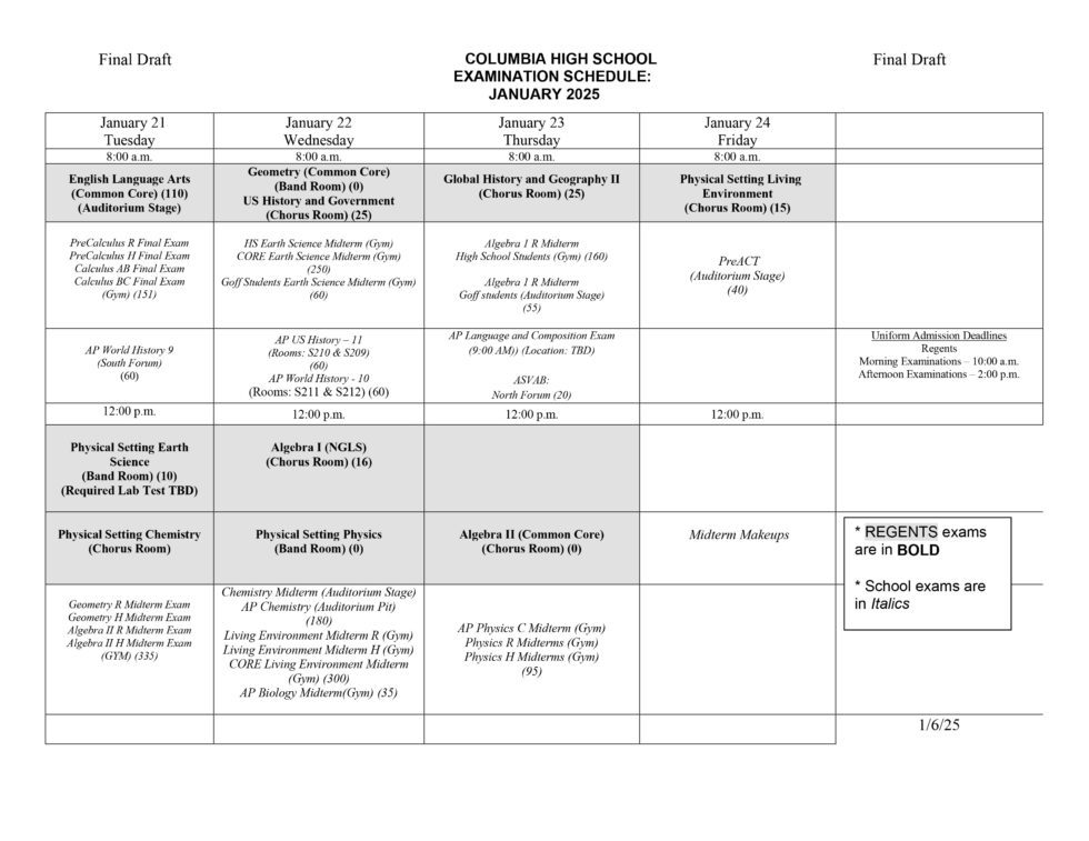 Columbia Regents Exam and Midterm Schedule – January 2025 | East ...