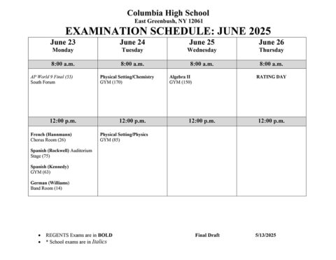 Columbia Regents Exam Schedule – June 2025 | East Greenbush CSD