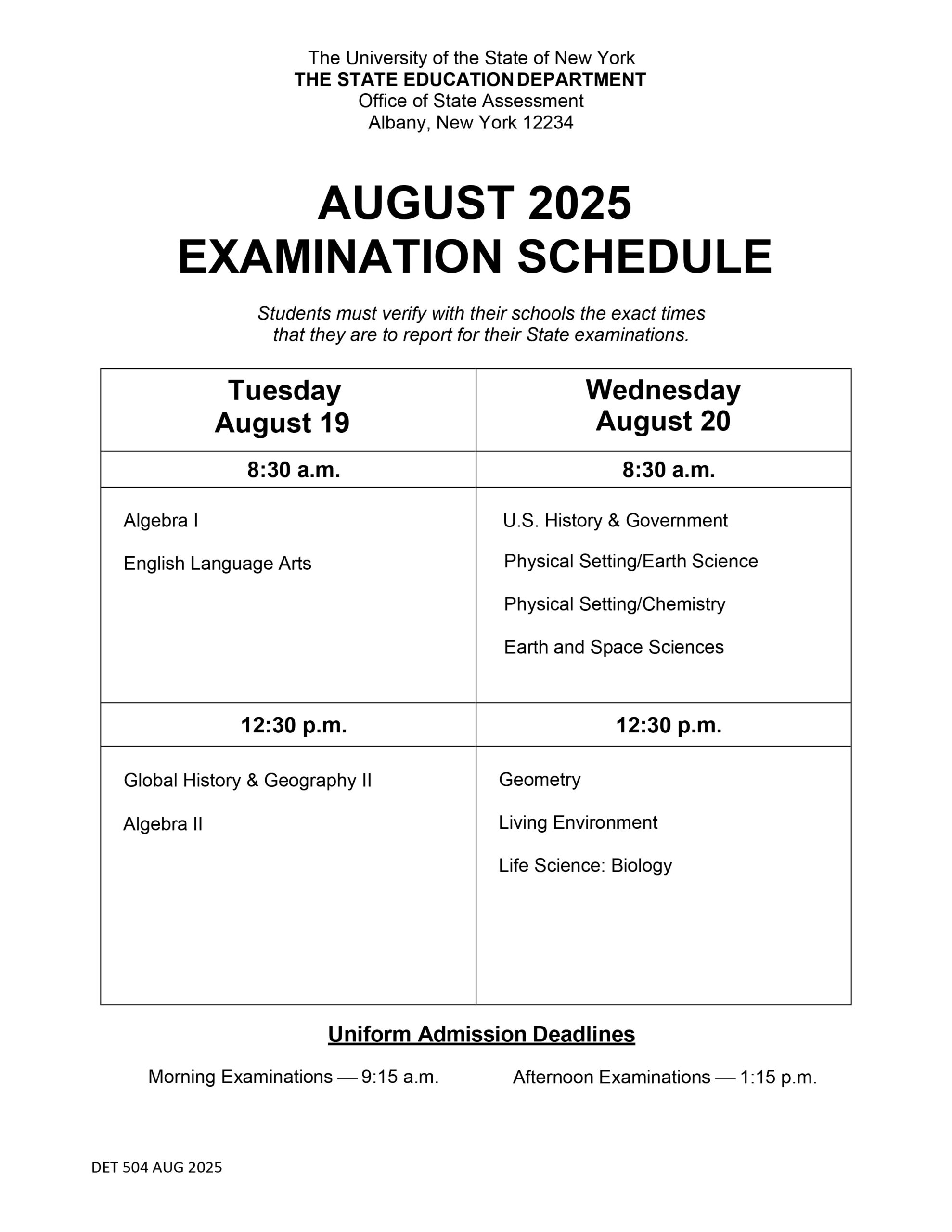 August Regents Exam Schedule | East Greenbush CSD